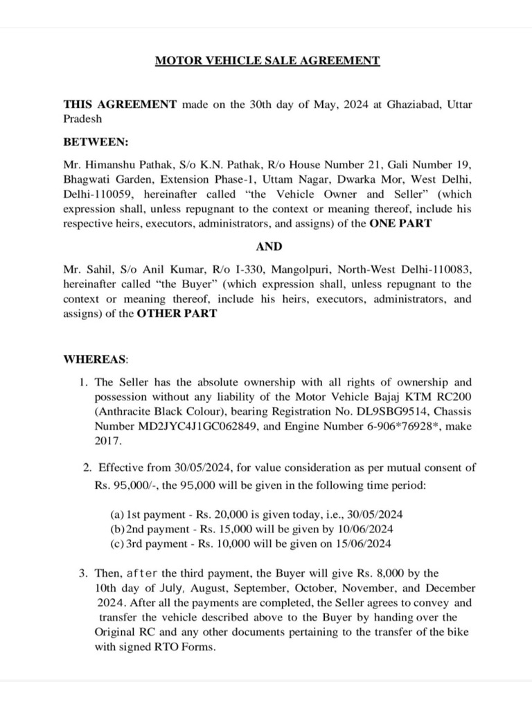 Himansu Bike Sale Agreement | PDF