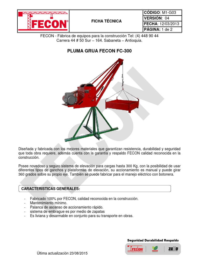 Ficha Tecnica Pluma FC-300 | PDF | Embrague | Tecnología de vehículos