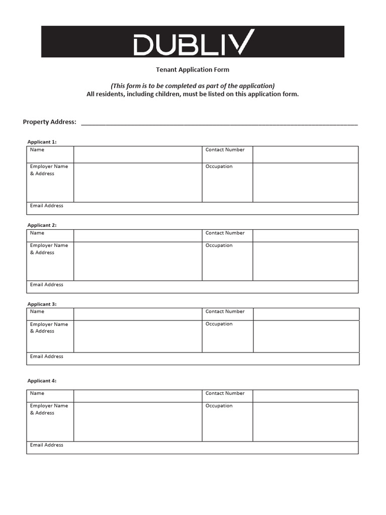 Tenant Application Form for DUBLIV Rentals | PDF | Landlord | Leasehold ...