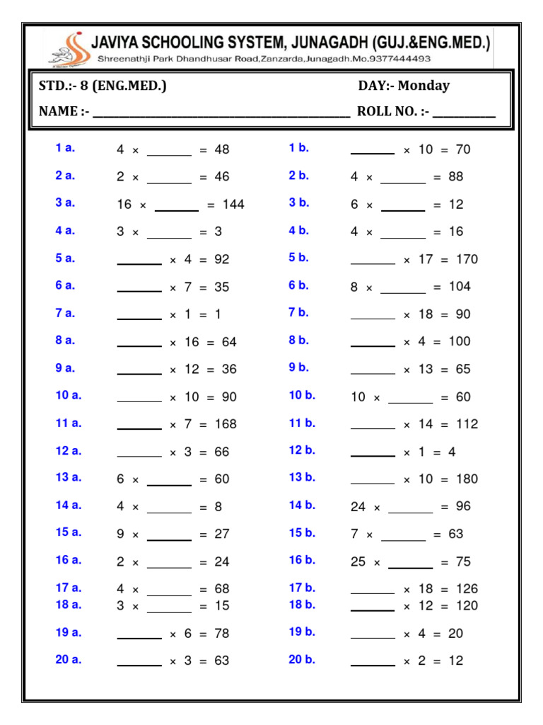 8 Maths Table Worksheet | PDF