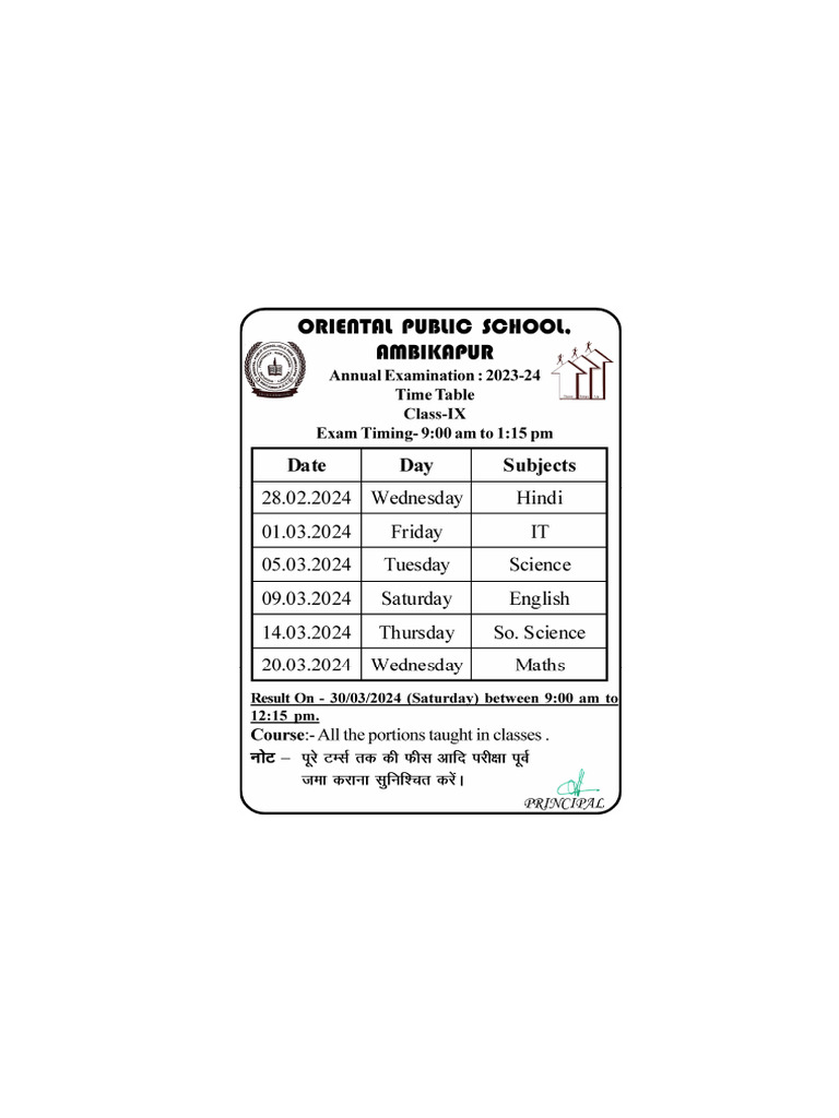Annual Exam Time Table Class Ix Pdf