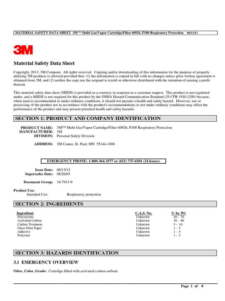 3m 60926 MSDS | PDF | Personal Protective Equipment | Hazards