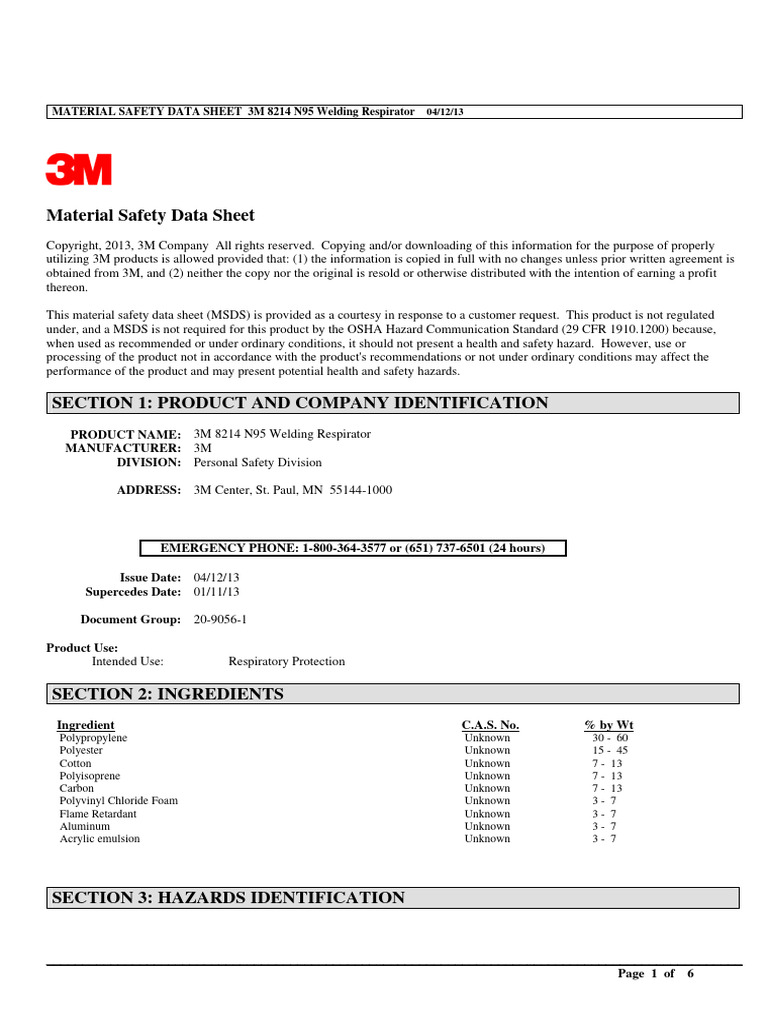 3m 8214 n95 MSDS | PDF | Personal Protective Equipment | Hazards