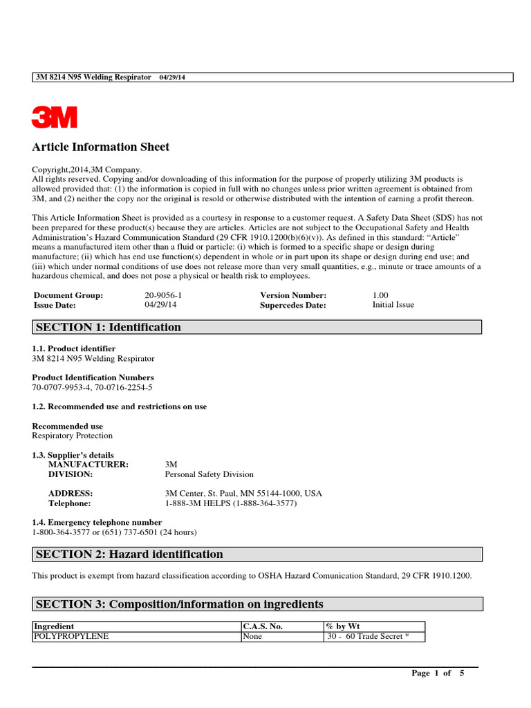 3m 8214 n95 SDS Article Information Sheet | PDF | Hazards | Materials