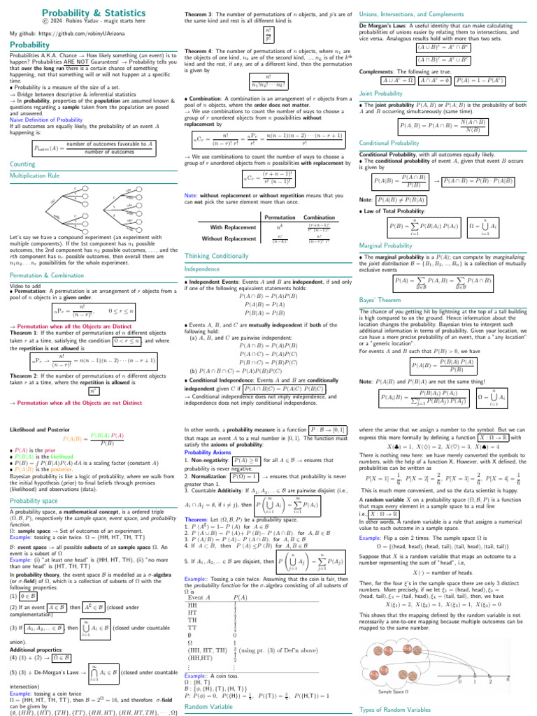 Probability & Statistics Cheasheet | PDF | Probability Density Function | Probability Distribution