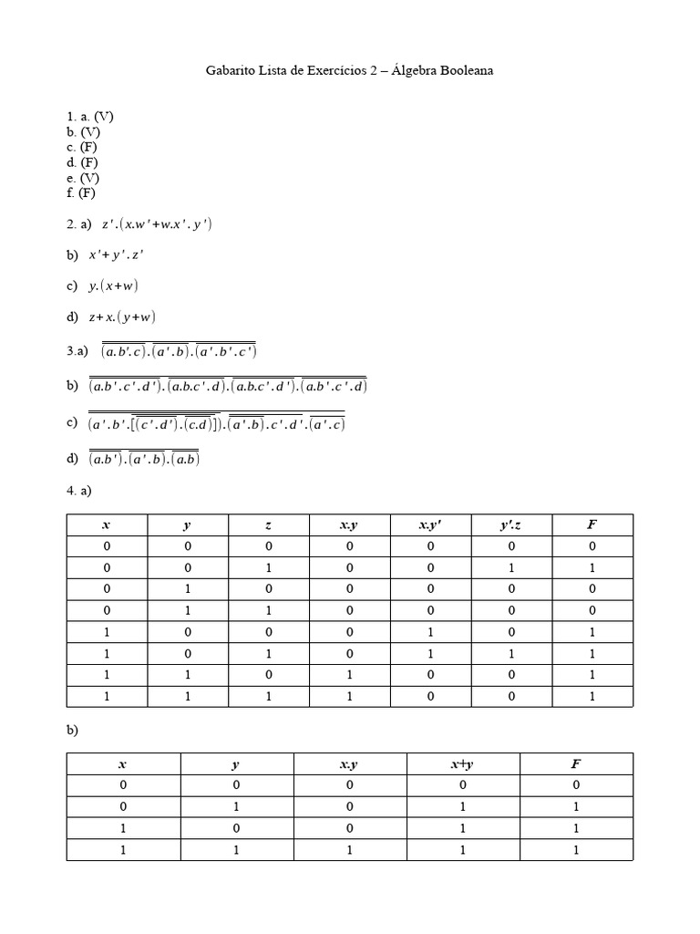 Lista 2 Algebra Booleana v2 Gabarito | PDF | Algebra | Mathematics