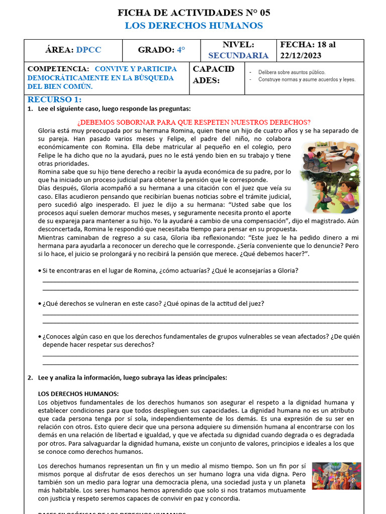 Unidad 8 - Ficha - Sem 5 - DPCC 4° | PDF | Derechos humanos | Dignidad