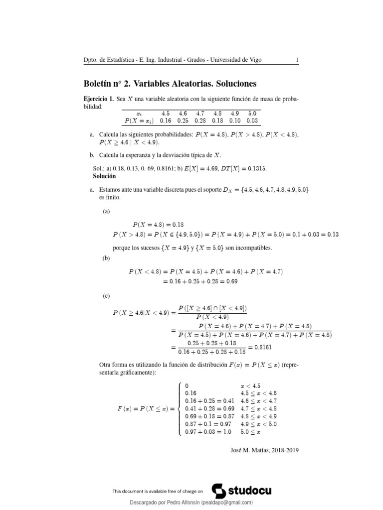 Boletin 2 Variables Aleatorias Soluciones | PDF | Probabilidad | Teoría de probabilidad
