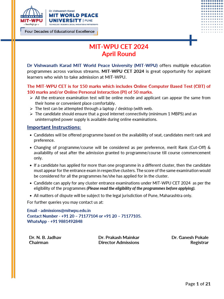 MIT-WPU CET 2024 Entrance Exam Details | PDF | University And College ...