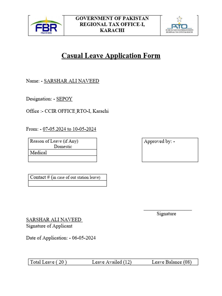 Casual Leave Form Shanawaz | PDF