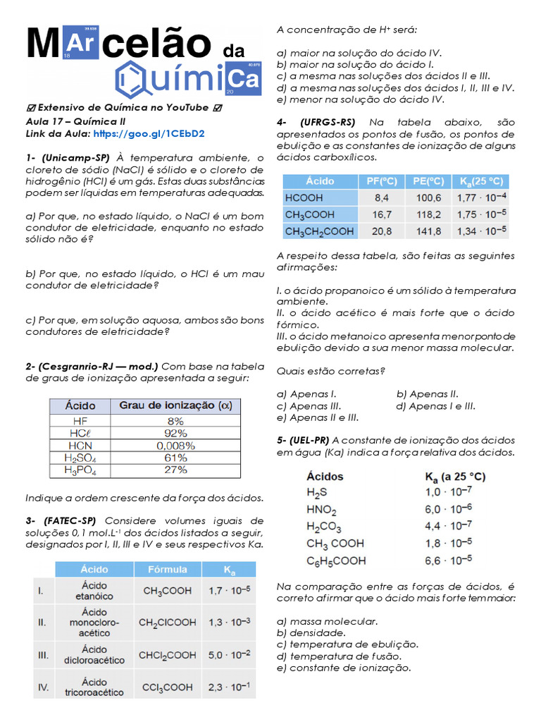 Aula17 Quimica2 Exercícios | PDF | Ácido | Equilíbrio químico