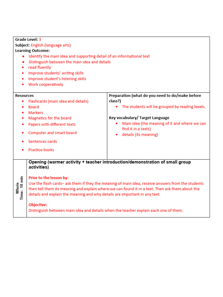 Main Idea Lesson Plan for 3rd Grade | PDF | Flashcard | Teachers