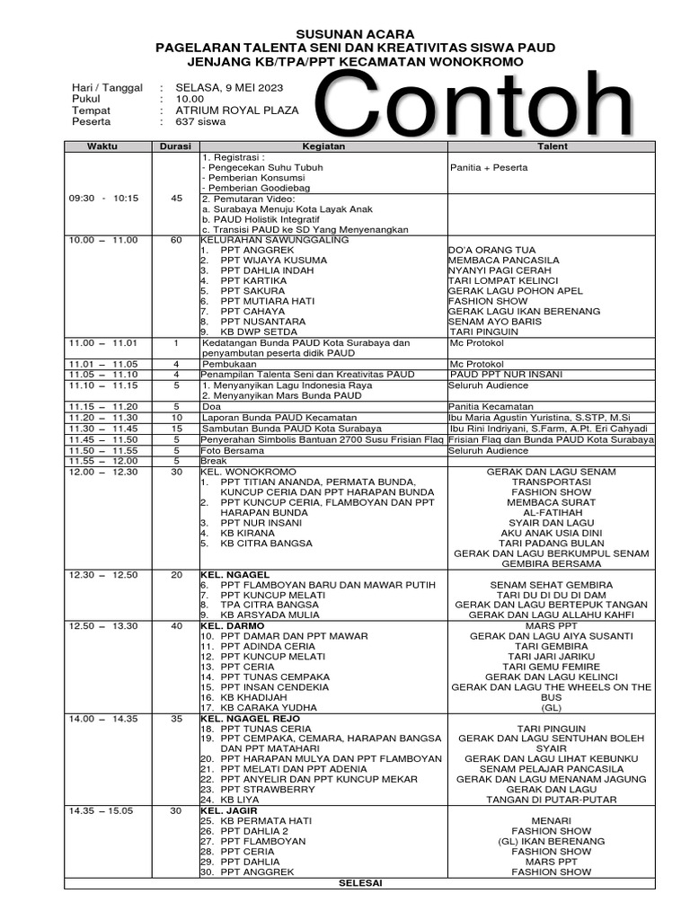 Rundown Pagelaran Talenta PAUD 2023 | PDF