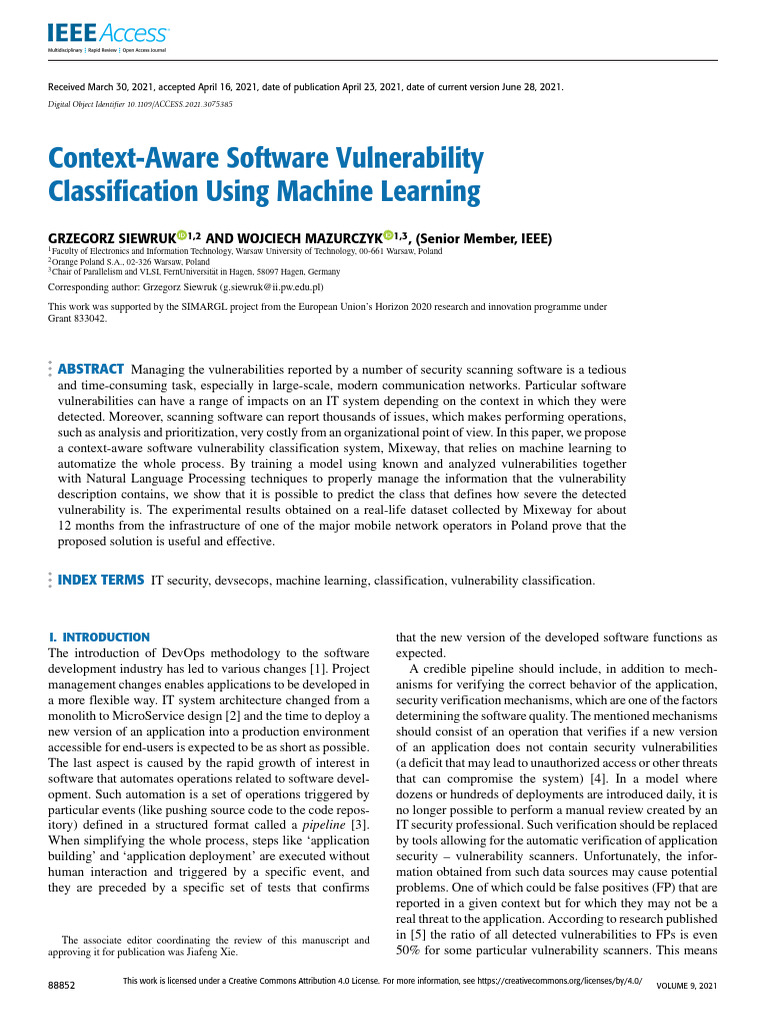 Vulnerabilities Classification Machine Learning Paper Simargl Pdf Vulnerability Computing