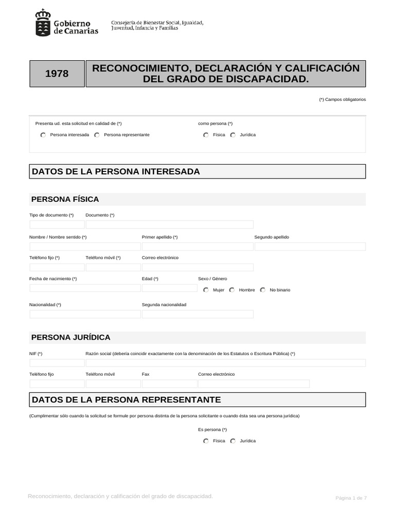 1978 - Solicitud de reconocimiento, declaración y calificación del grado de Discapacidad ...