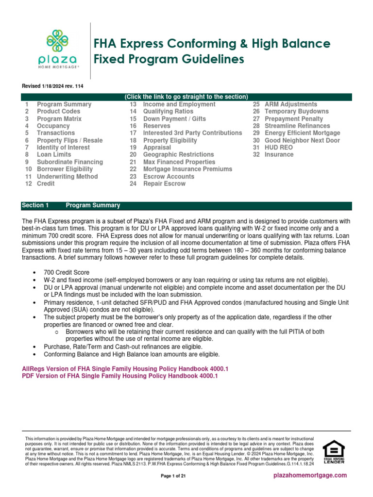FHA Express Conforming High Balance Fixed Program Guidelines | PDF ...