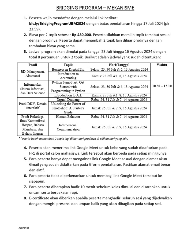 Mekanisme Bridging Program Universitas Bunda Mulia (UBM) | PDF