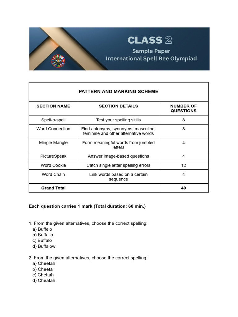Sample Paper Class 2 | PDF