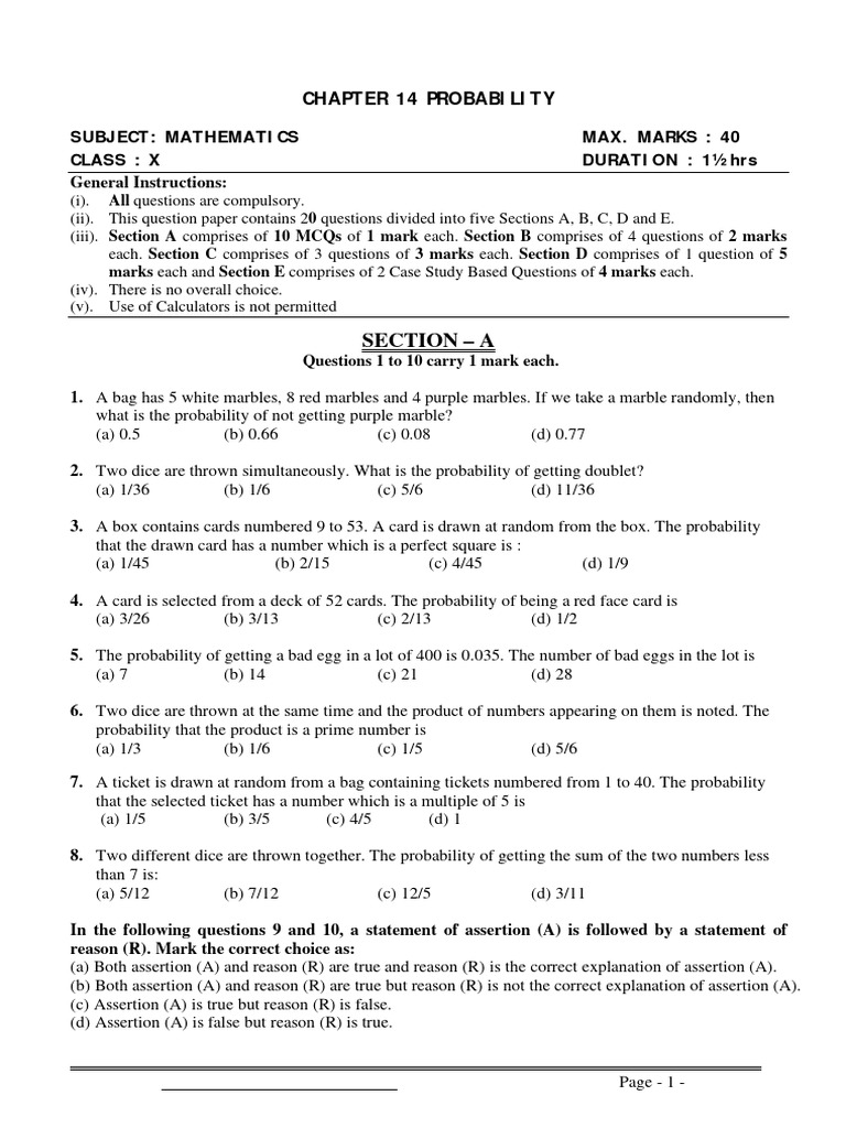 Maths Class X Chapter 14 Probability Practice Paper 13 | PDF | Probability | Probability Theory