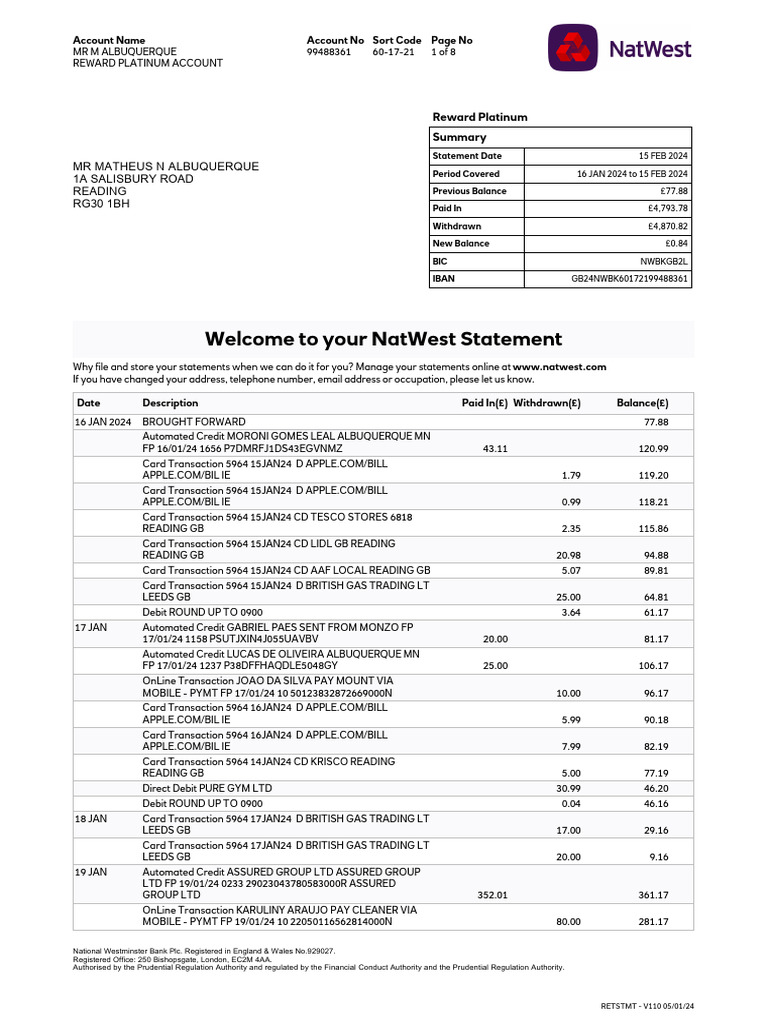 NatWest Reward Platinum Statement | PDF | Overdraft | Financial Services