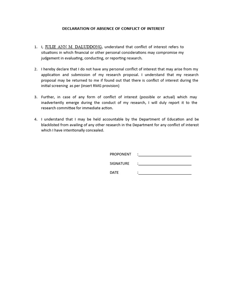 Declaration of Conflict of Interest | PDF