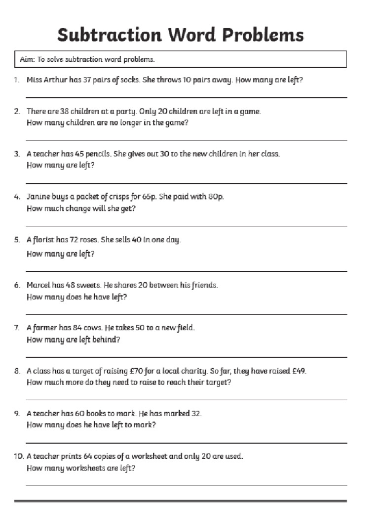 subtraction word problems | PDF
