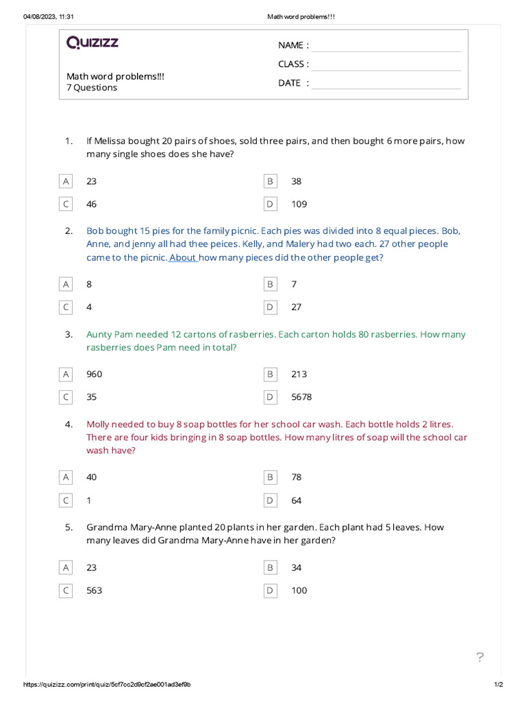 Math Word Problems!!! | PDF