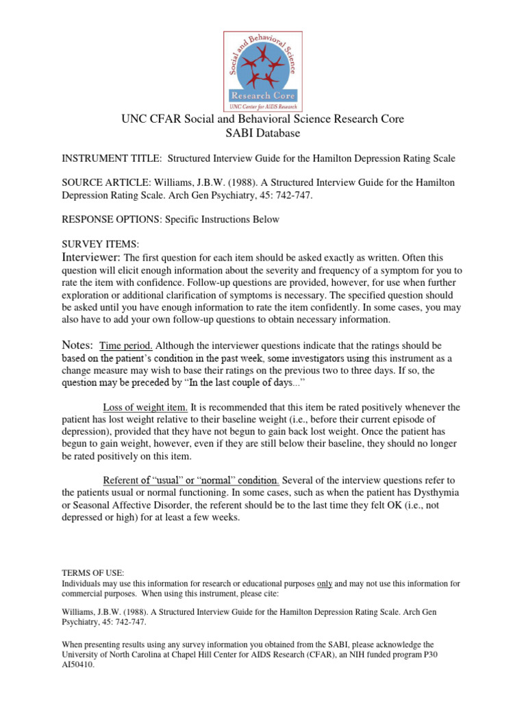 Structured Interview Guide For The Hamilton Depression Rating Scale ...