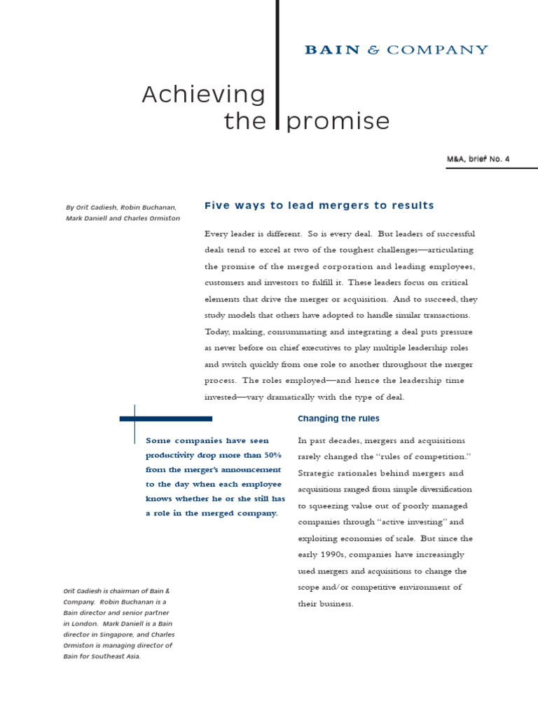 Achieving The Promise - Bain-Group1 | PDF | Mergers And Acquisitions ...