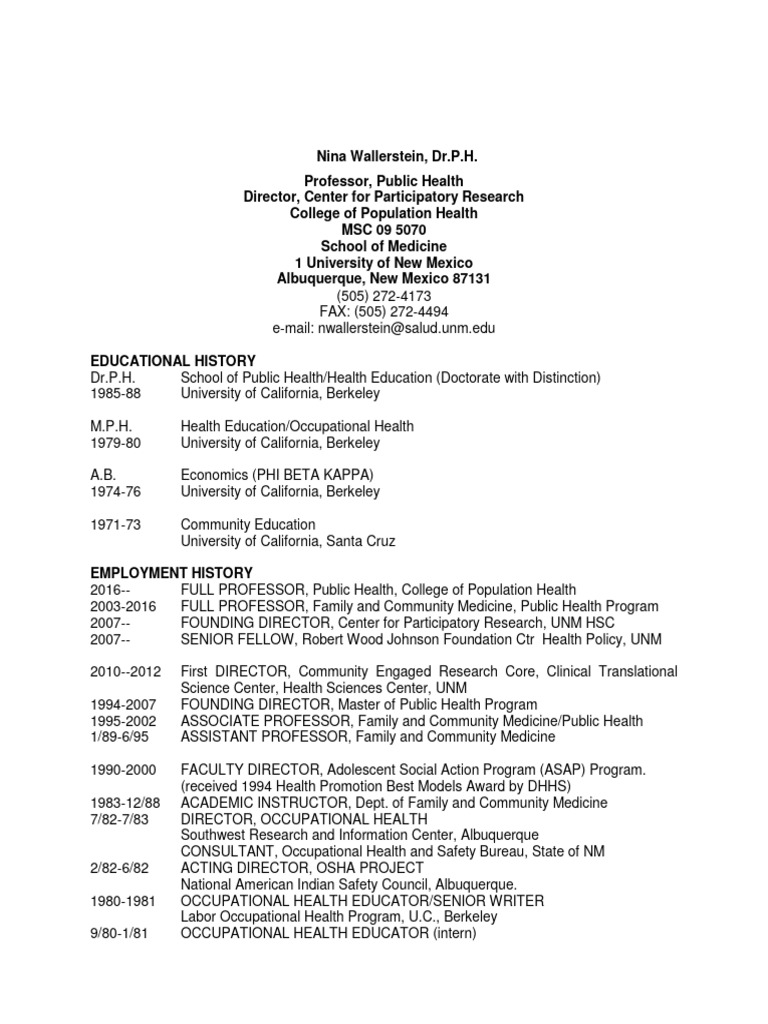 Wallerstein Nina CV | PDF | Participatory Action Research | Public Health
