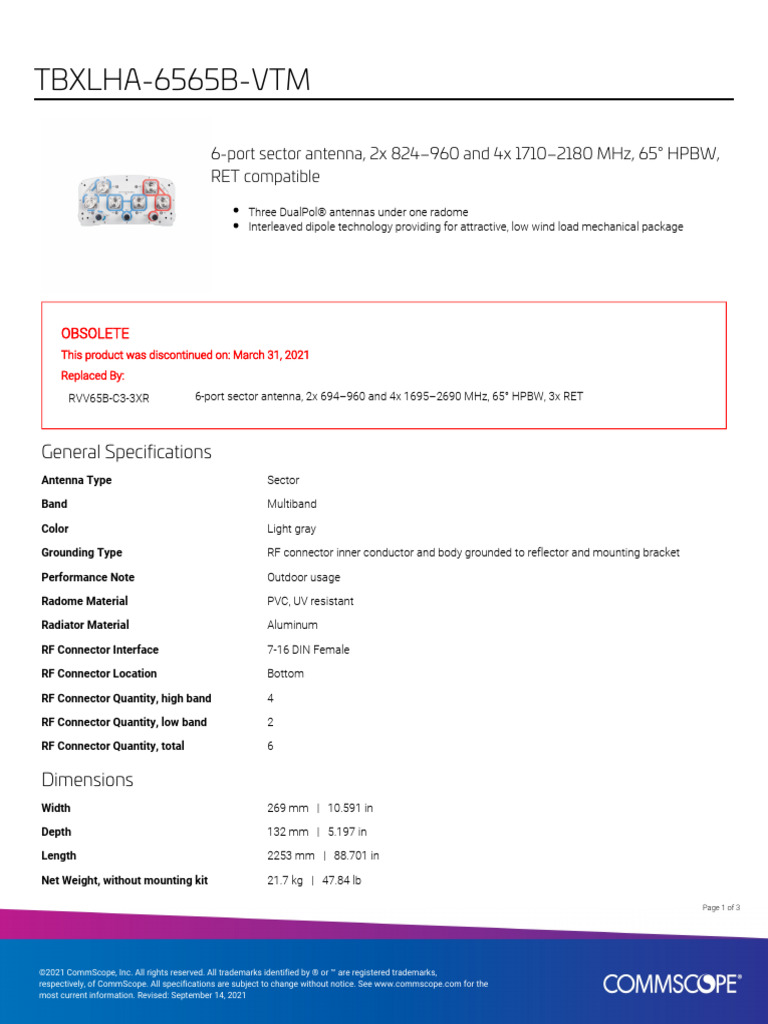 TBXLHA 6565B VTM Product Specifications | PDF | Antenna (Radio) | Electromagnetic Radiation