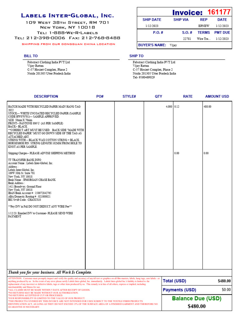 Invoice for Fabstract Clothing Order | PDF