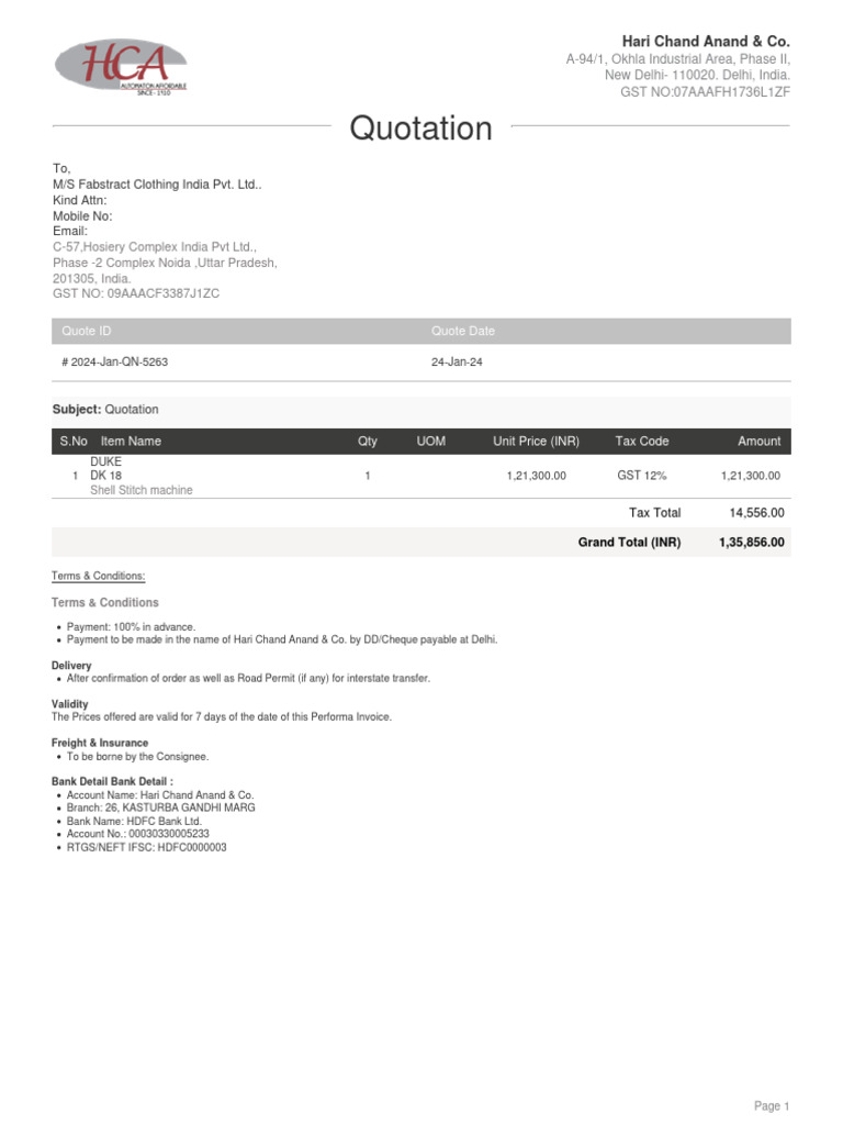 Quotation for Shell Stitch Machine | PDF | Payments | Taxes