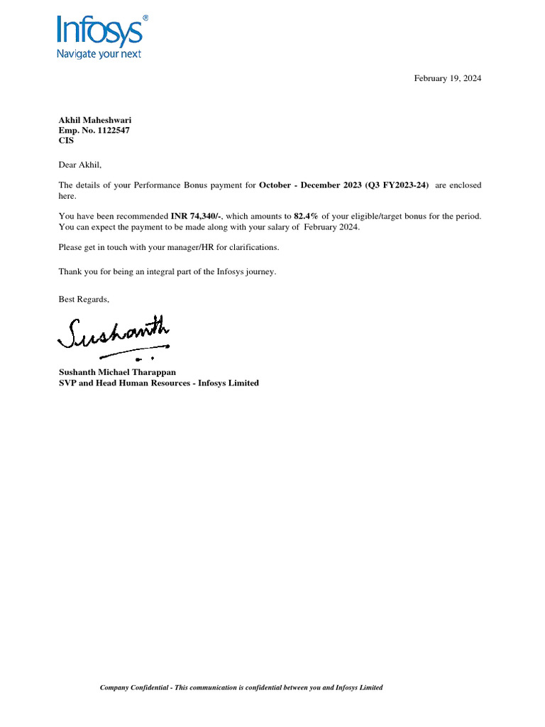 Performance-Based Bonus Letter Q3-2023-24 | PDF | Career & Growth ...
