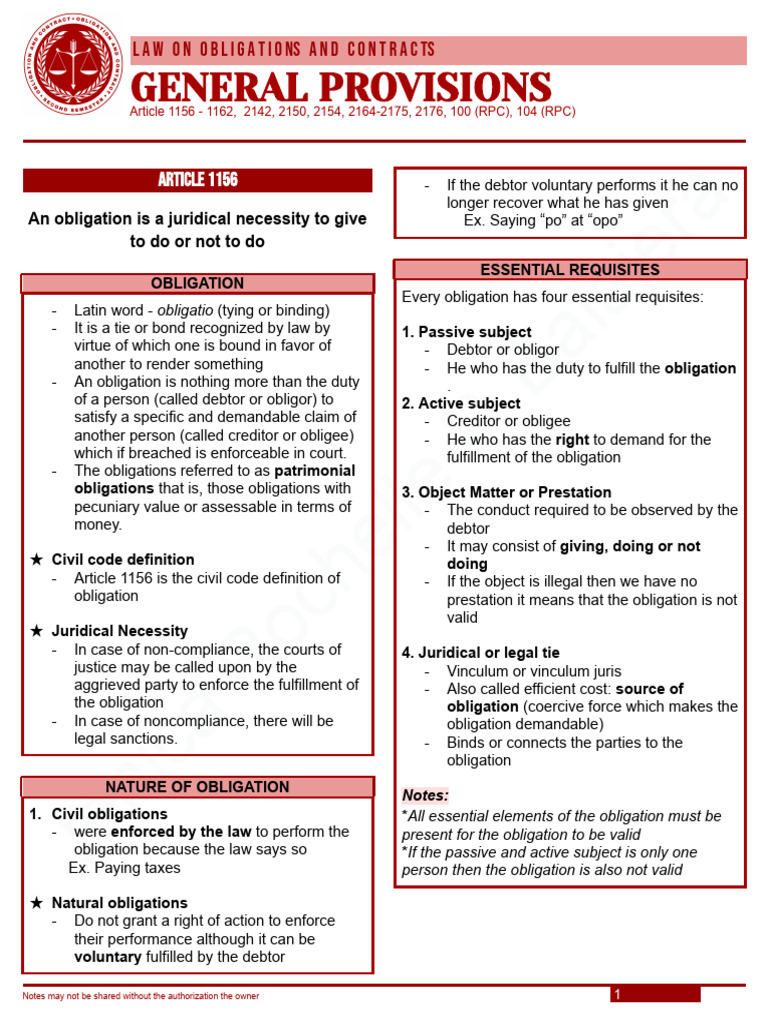 Oblicon Chapter 1 - General Provisions | PDF | Law Of Obligations | Legal Liability