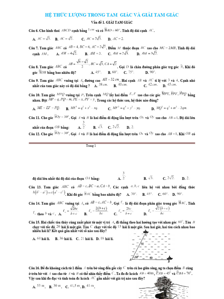 60 Cau Trac Nghiem He Thuc Luong Trong Tam Giac Va Giai Tam Giac | PDF