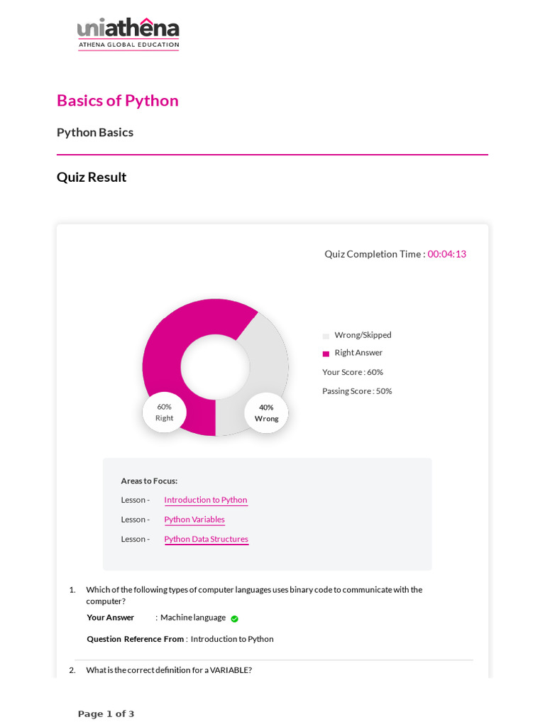 Quiz Result Pdf Python Programming Language Variable Computer
