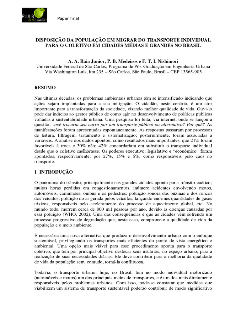 Disposição Da População em Migrar Do Transporte Individual para o ... Disposição Da População em Migrar Do Transporte Individual para o ...