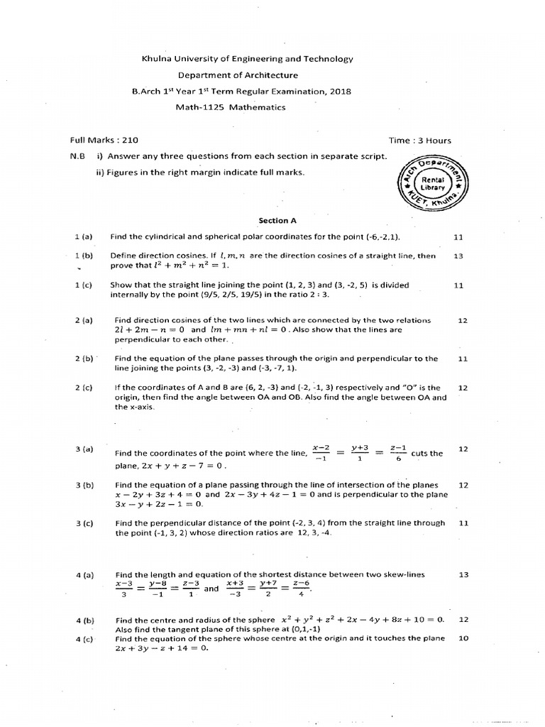 B.Arch 1st Year 1st Term Regular Examination, 2018 | PDF | Sphere | Line (Geometry)