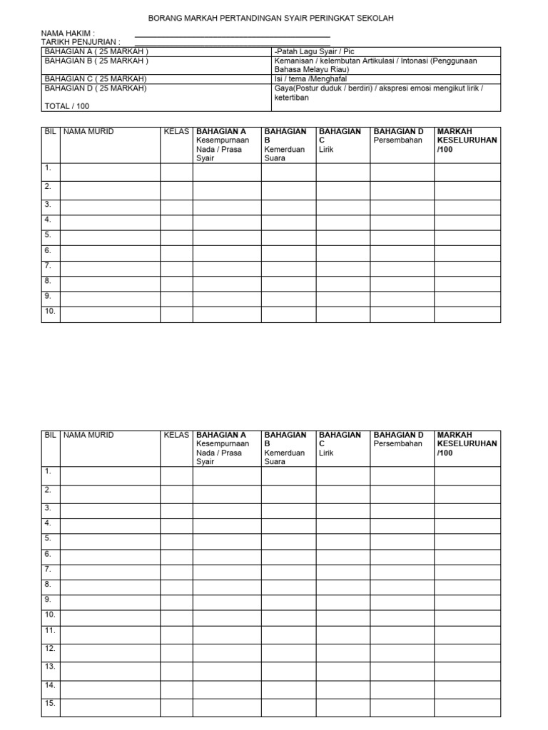 Borang Markah Pertandingan Syair Peringkat Sekolah | PDF
