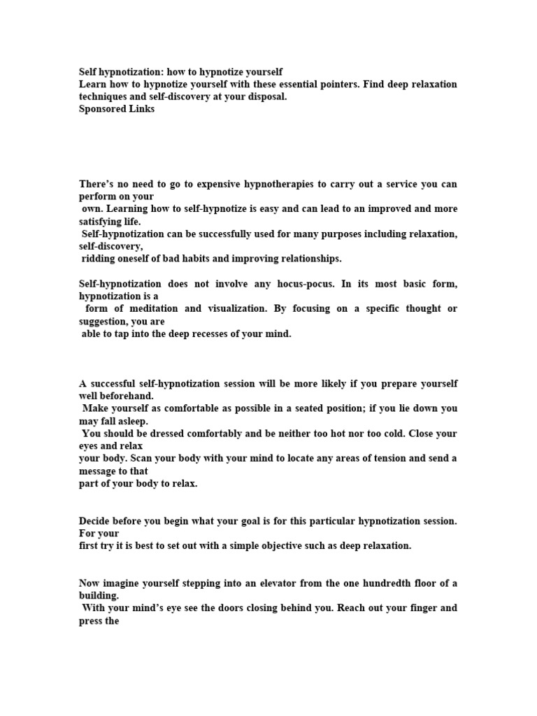 Self hypnotization | Download Free PDF | Relaxation (Psychology) | Elevator