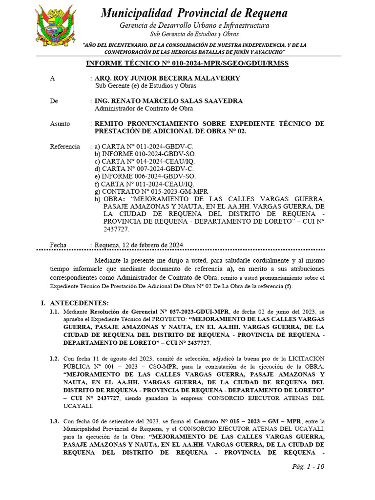 INFORME TECNICO N° 010-2024-PRONUNCIONAMIENTO ADICIONAL DE OBRA N 02 - VARGAS GUERRA | Descargar ...