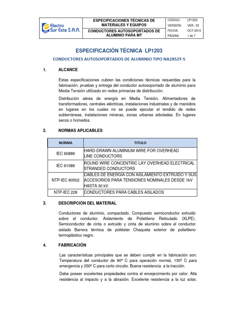 23° I-Lp1203 Conductor Autosoportado de Aluminio para MT | PDF | Sustancias químicas | Aluminio