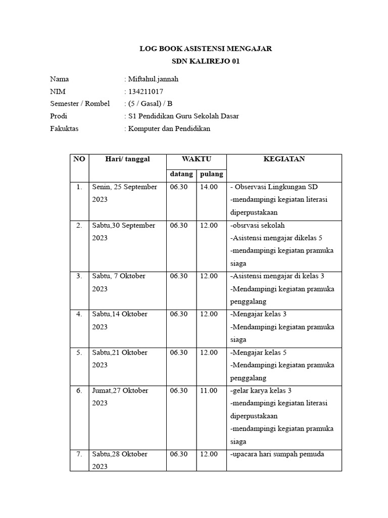 Format Log Book Asistensi Mengajar | PDF