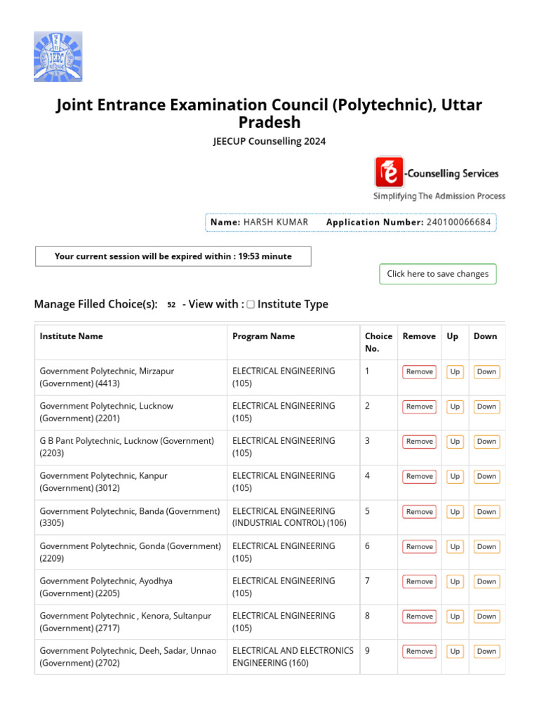 Admissions - Nic.in JEECUP Applicant Choice ArrangeFilledChoicesN - Aspx | PDF | Engineering ...