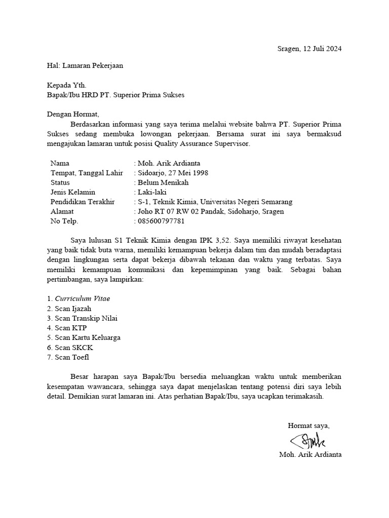 Surat Lamaran PT. IFARS | PDF