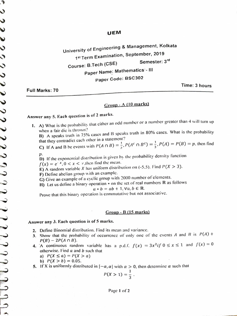 Sample Paper - Maths Iii - BSC302 - 2019 | PDF | Probability Density Function | Mathematics