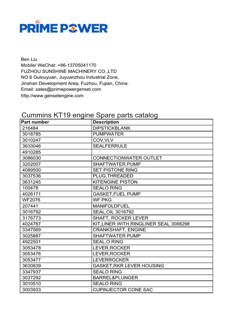 Cummins KT19 Engine Spare Parts Catalog: Part Number Description | PDF | Screw | Pump