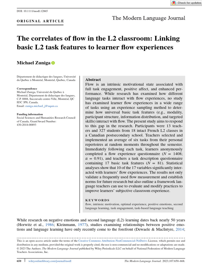 The Modern Language Journal - 2023 - Zuniga - The Correlates of Flow in ...