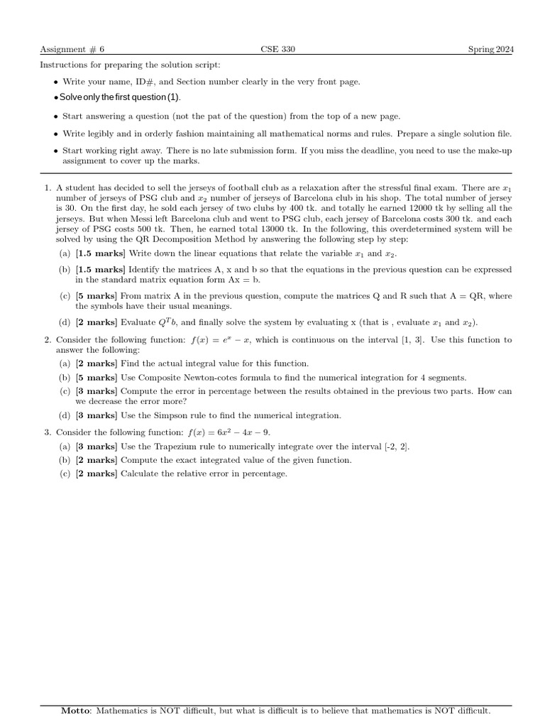 Assignment6 Cse330 Spring 2024 | PDF | Matrix (Mathematics) | Function (Mathematics)
